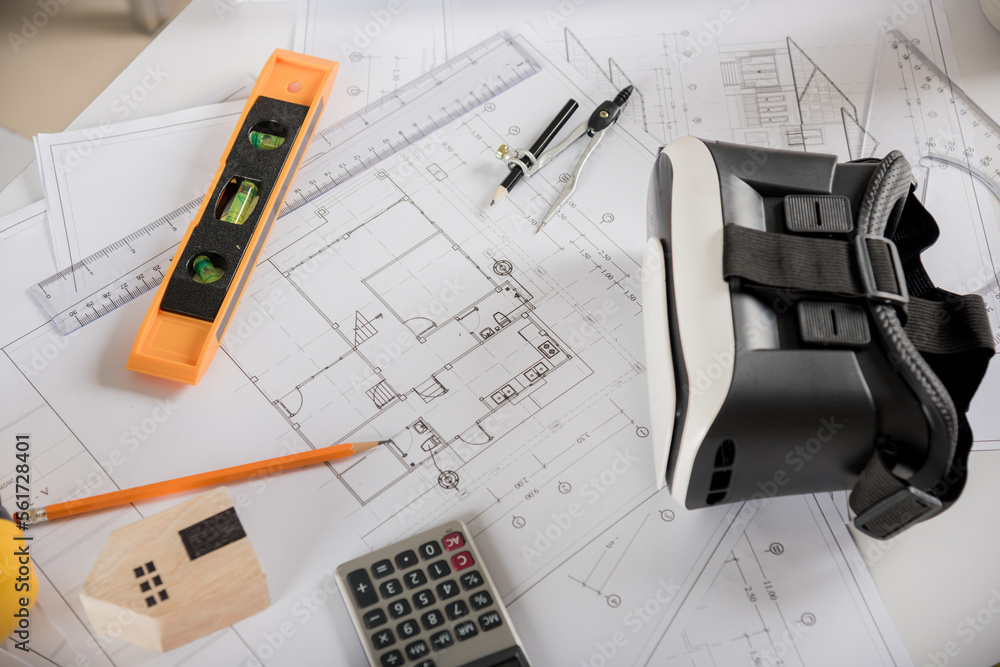 Architect workplace top view. Architectural blueprint paper project ...