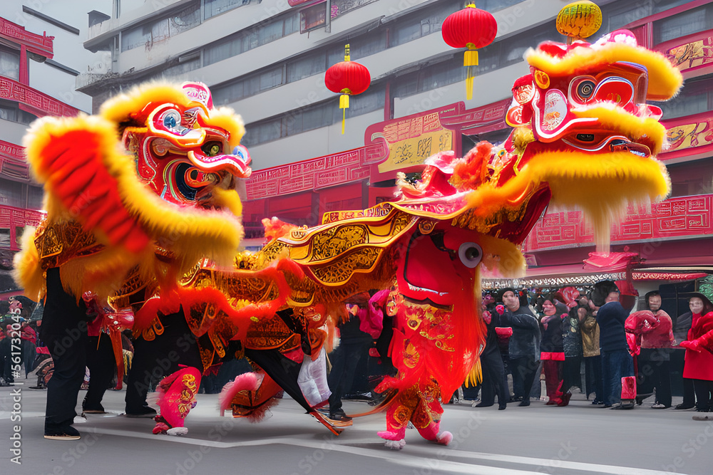 Lion Dance in Chinese New Year Celebration Stock Illustration | Adobe Stock