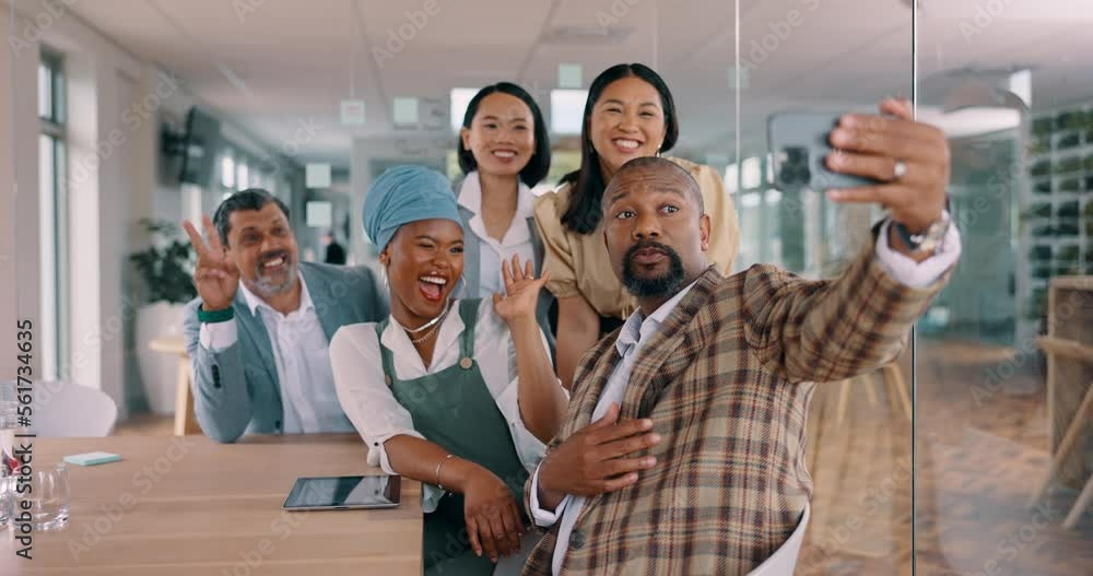 Phone selfie, diversity and funny business people with office meme photo for team support ...