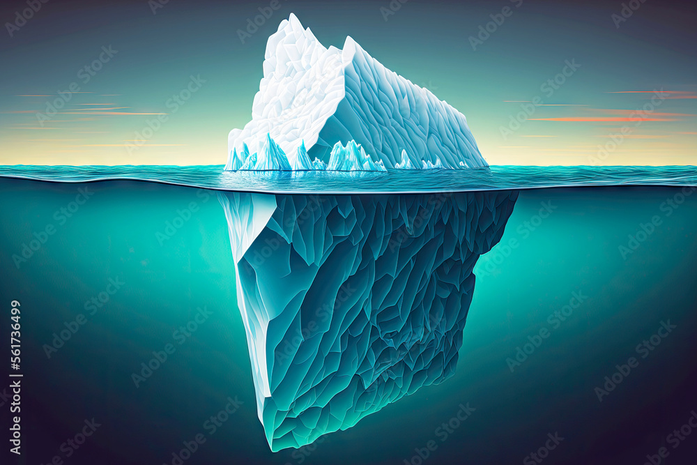 Floating iceberg with snow-white top and sharp dangerous peaks of ice ...