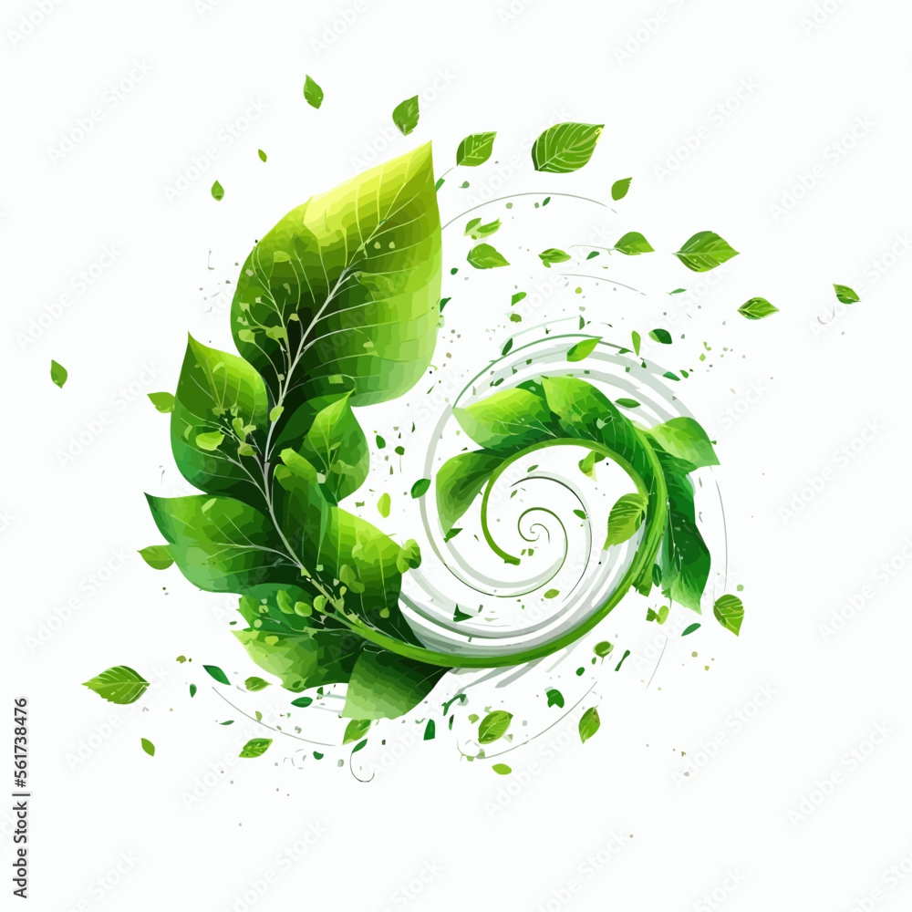 Abstract wind swirls with green leaves and sparkles isolated on transparent background. Isolated ...