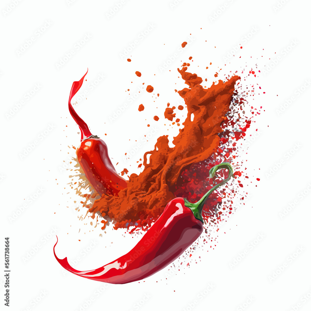 Chili pepper powder splash, spicy burst, dust or red color explosion on ...