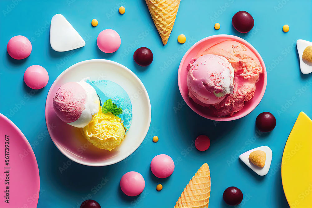 Colorful ice cream scoops with cones as top view food background ...