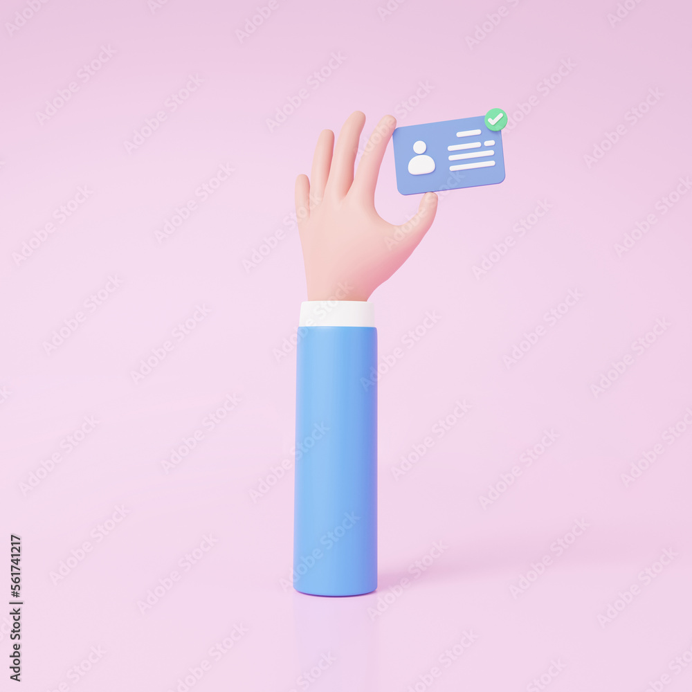 3D hand holding identification Id card man on pink background. verify ...