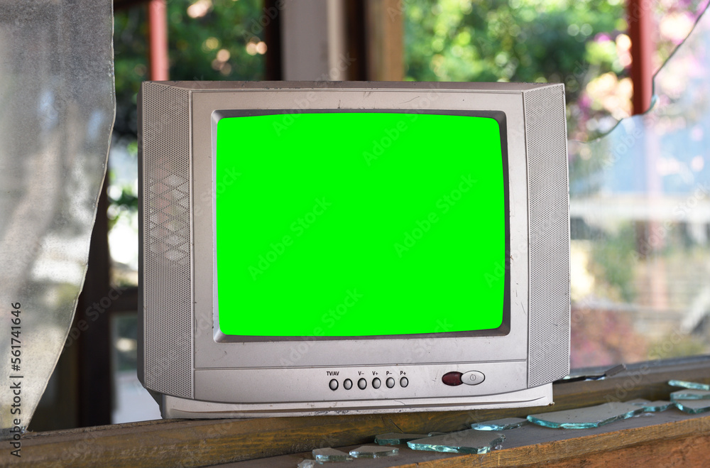 Old green screen TV in an abandoned hotel. Vintage TVs from the 1980s ...