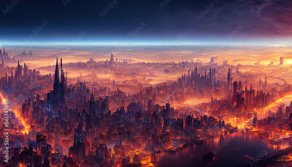 An orbital view of a cyberpunk city of the future, lit up by cars and ...