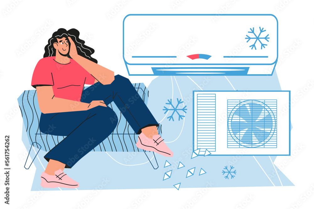 Woman sitting under air conditioner at home, flat cartoon vector ...
