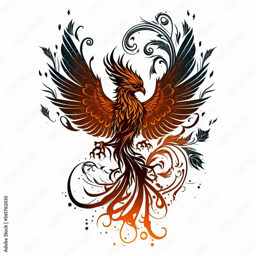 Freedom, phoenix bird tattoo sketch on white background. black ink and ...