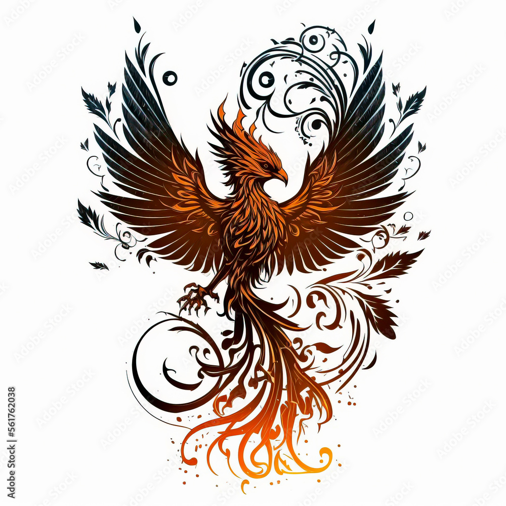 phoenix bird tattoo sketch on white background. black ink and geometry ...