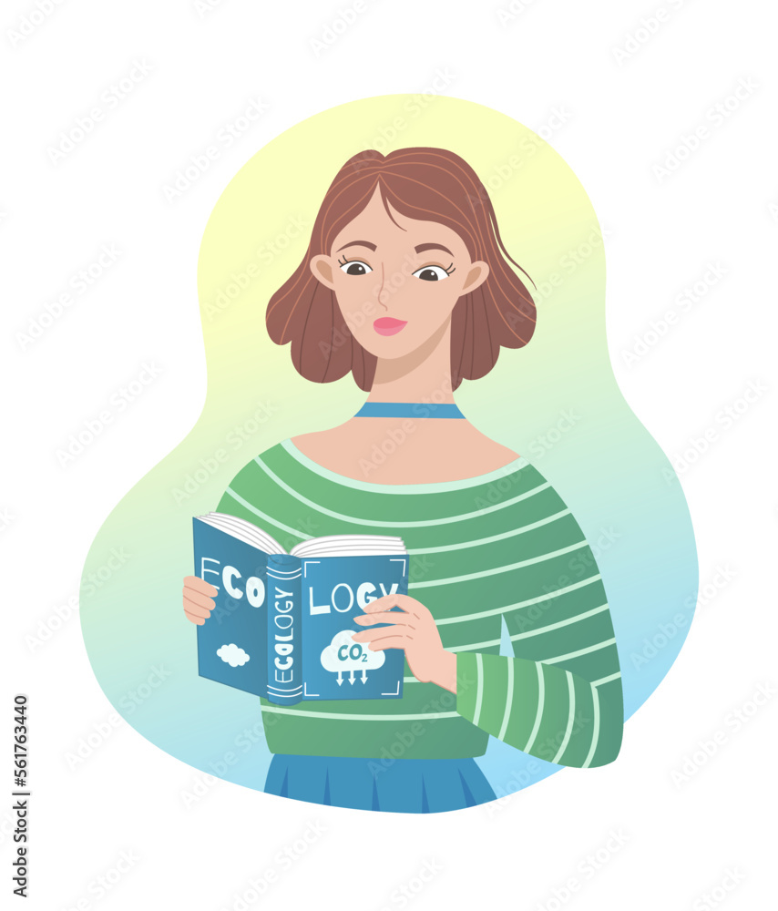 Young girl reading ecology book about CO2 emission reduction flat ...