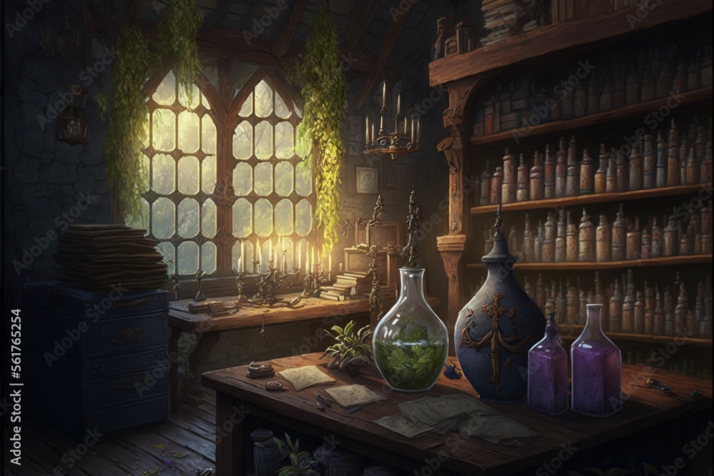 Poster, Foto イラスト 工房 書斎 錬金術 作業場 魔法 ファンタジー 屋敷, GINGER_Tsukahara - Koop op EuroPosters.nl