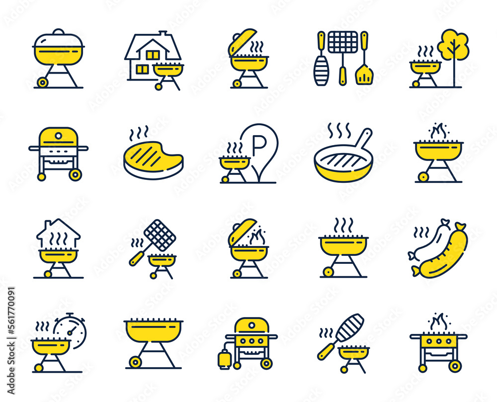 Grill line icons. Salmon meat steak, Bbq smoker and Fire cooking set ...