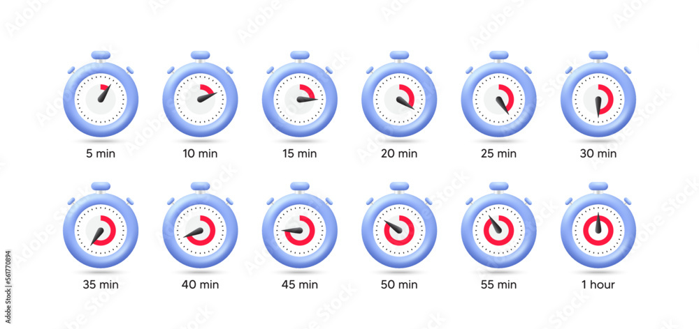 Set of timer 3d icons. Stopwatch isolated icons with time from 5 ...