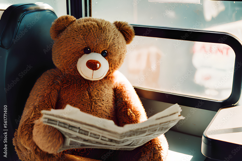 Teddy bear on the bus reading newspaper image generated by AI ...