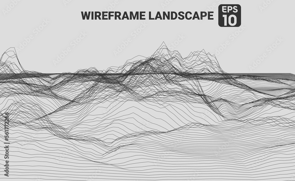 Vector illustration of of a 3D wireframe terrain landscape Stock Vector ...