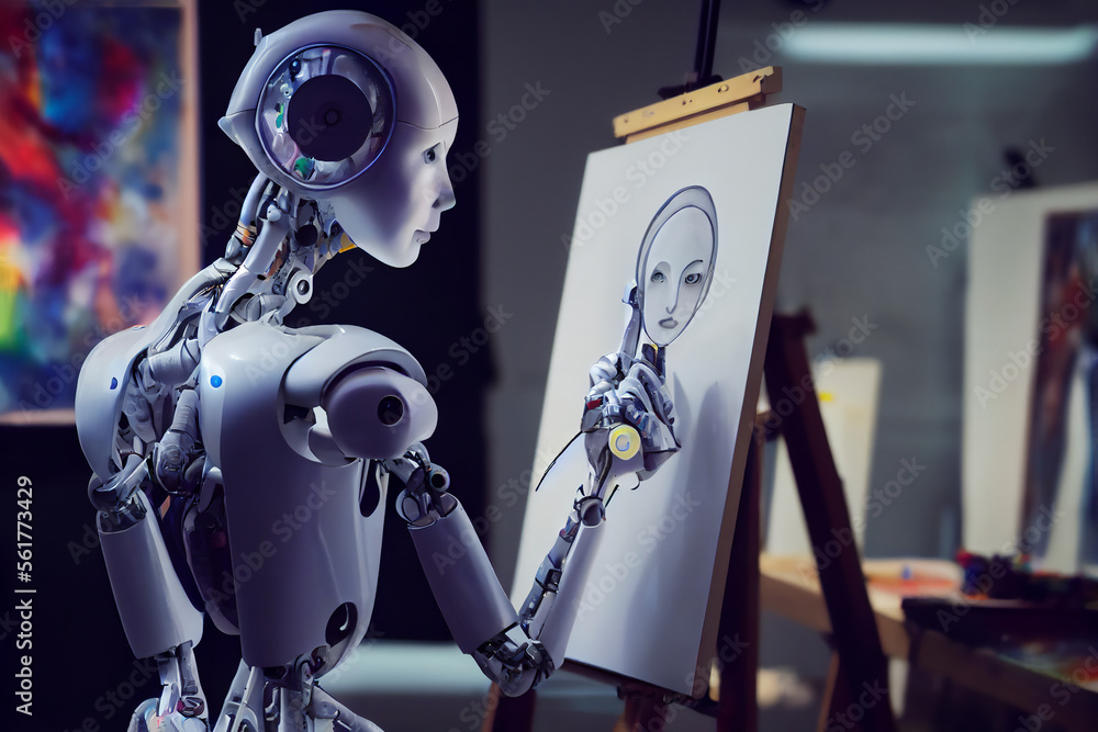 Humanoid robot artist painting a portrait on a canvas in an artist studio showing the concept of ...