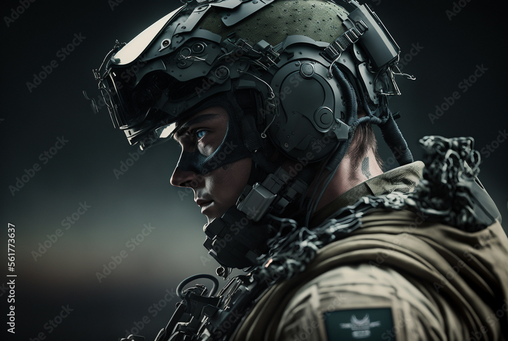 Future US marine corps soldier coming out from holographic projection ...