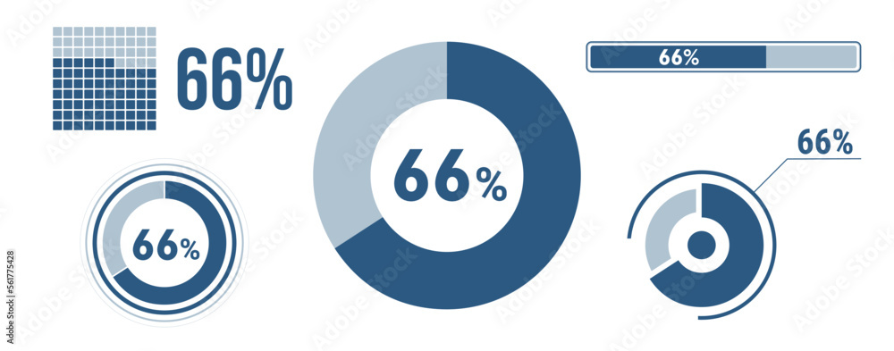 66% percentage infographic set. Sixty-six circle diagram, pie donut ...