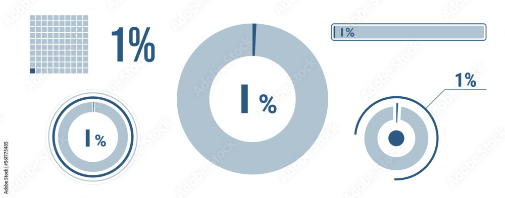 1% percentage infographic set. One circle diagram, pie donut chart ...