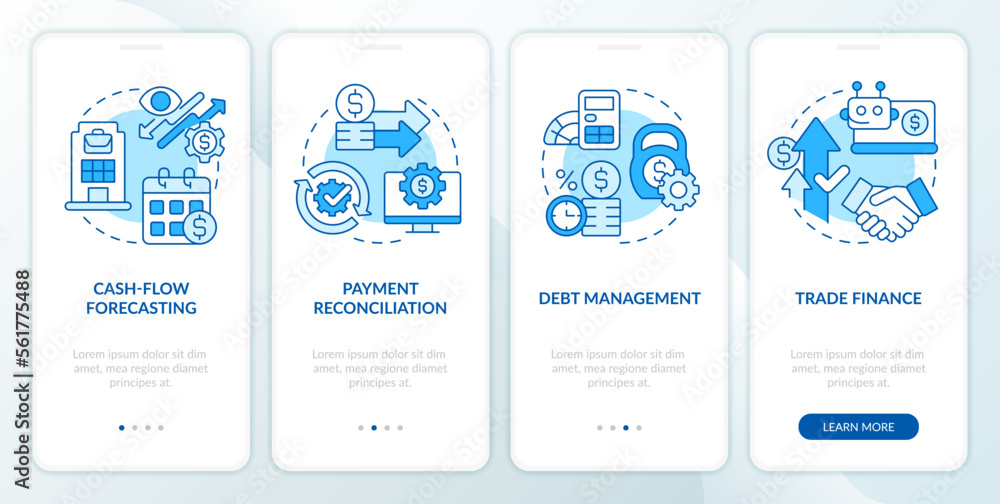 Treasury management system feature blue onboarding mobile app screen ...