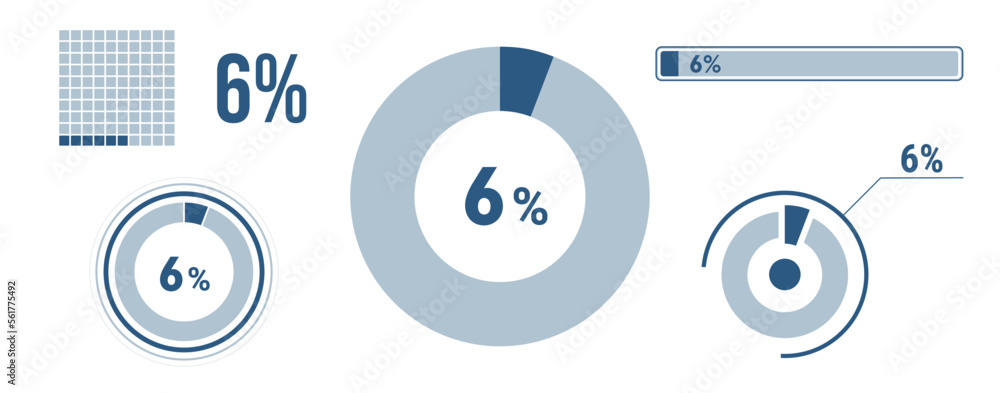 6% percentage infographic set. Six circle diagram, pie donut chart ...