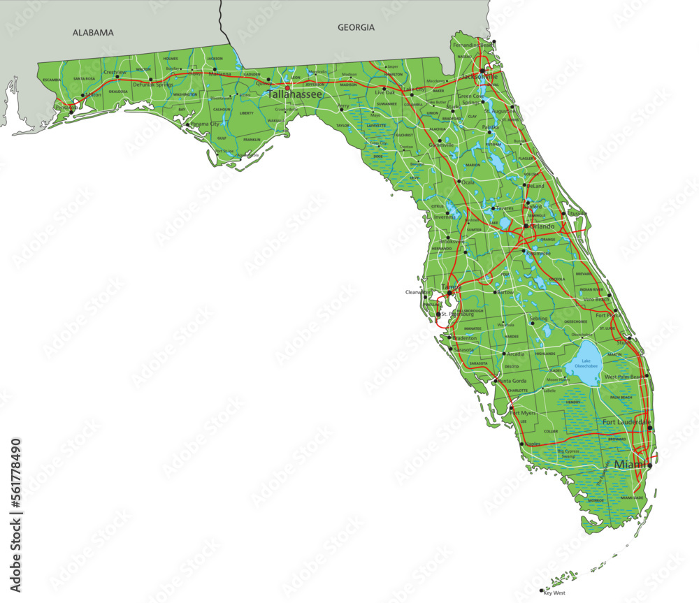High detailed Florida physical map with labeling. Stock Vector | Adobe ...
