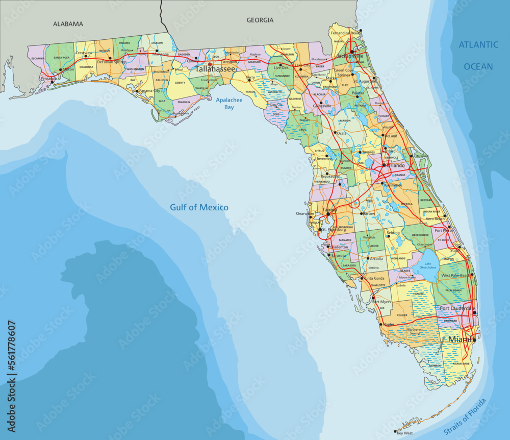 Florida - Highly detailed editable political map with labeling. Stock ...