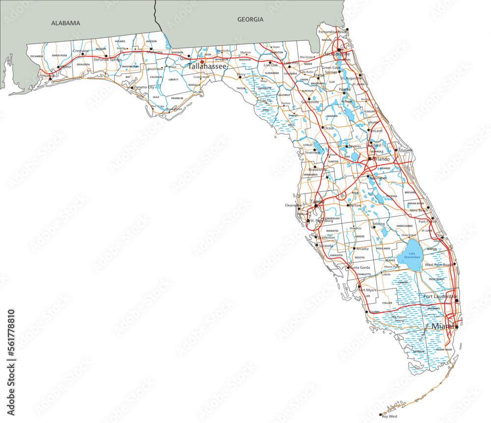High detailed Florida road map with labeling. Stock Vector | Adobe Stock