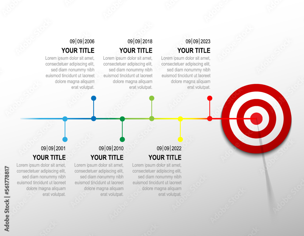 Colours line hit red dartboard with infographic. target timeline left ...