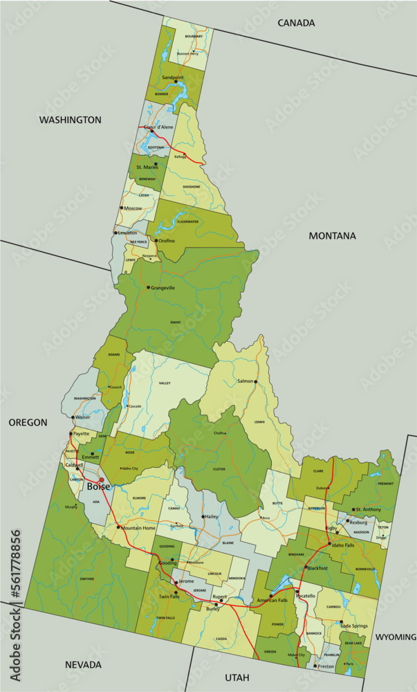 Highly detailed editable political map with separated layers. Idaho ...