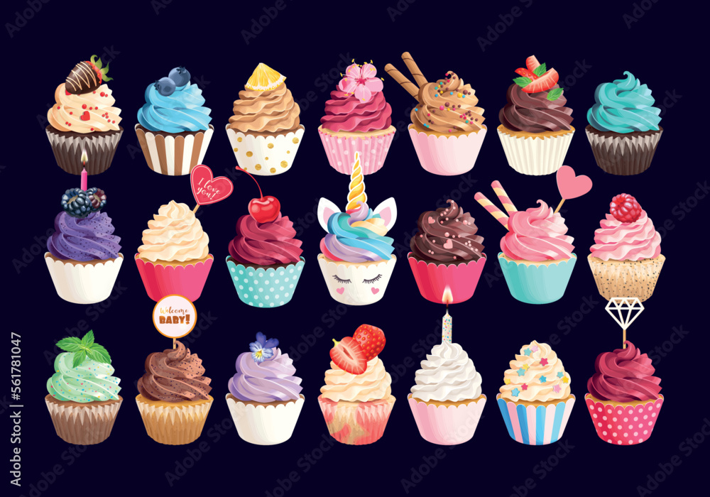 Big vector set of high detailed cupcakes Stock Vector | Adobe Stock