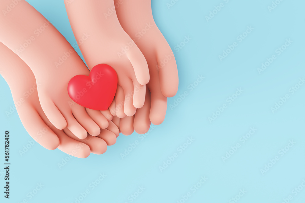 3d icon red heart in hand. cartoon arm holding gesture hand give red ...