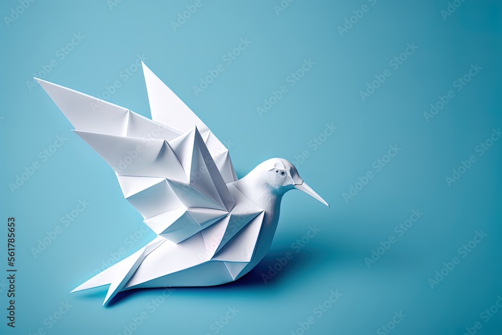 Blue Background with White Origami Bird Serving as Copy Space. Folded ...