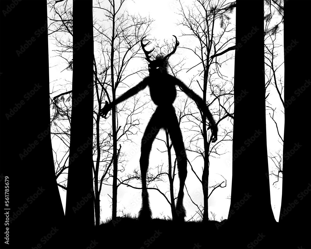 3d illustration of a cryptid with antlers or the Wendigo and trees in ...