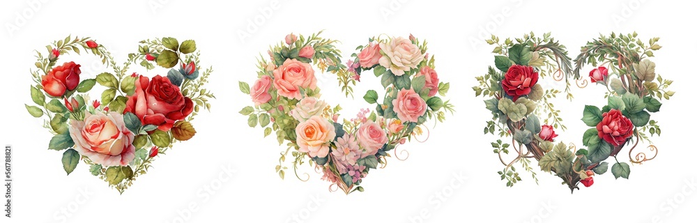 Collection of romantic heart vignettes made of vintage flowers and ...