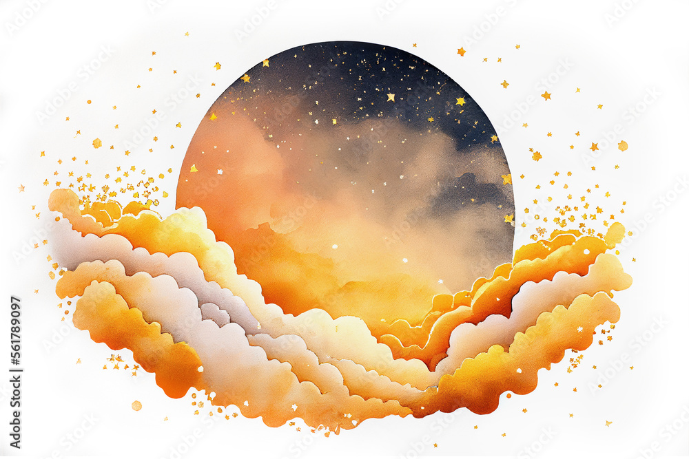 Round vignette of starry night sky as moon or sun with clouds and stars ...