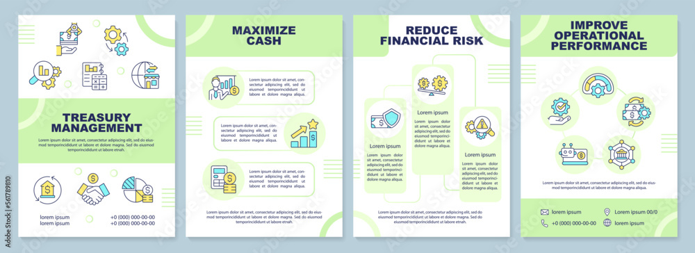 Treasury management green brochure template. Leaflet design with linear ...