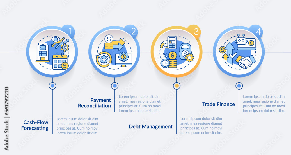 Treasury management system functions blue circle infographic template ...