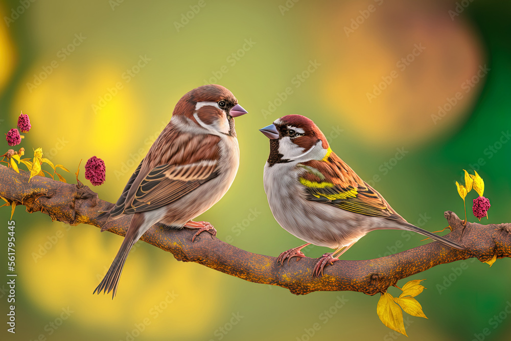 Beautiful couple of house sparrows (Passer domesticus) with vibrant colors standing on a branch ...
