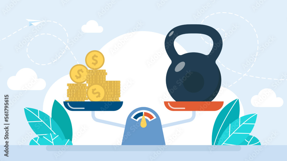 Dumbbell vs money on scales illustration. Money and time balance on ...