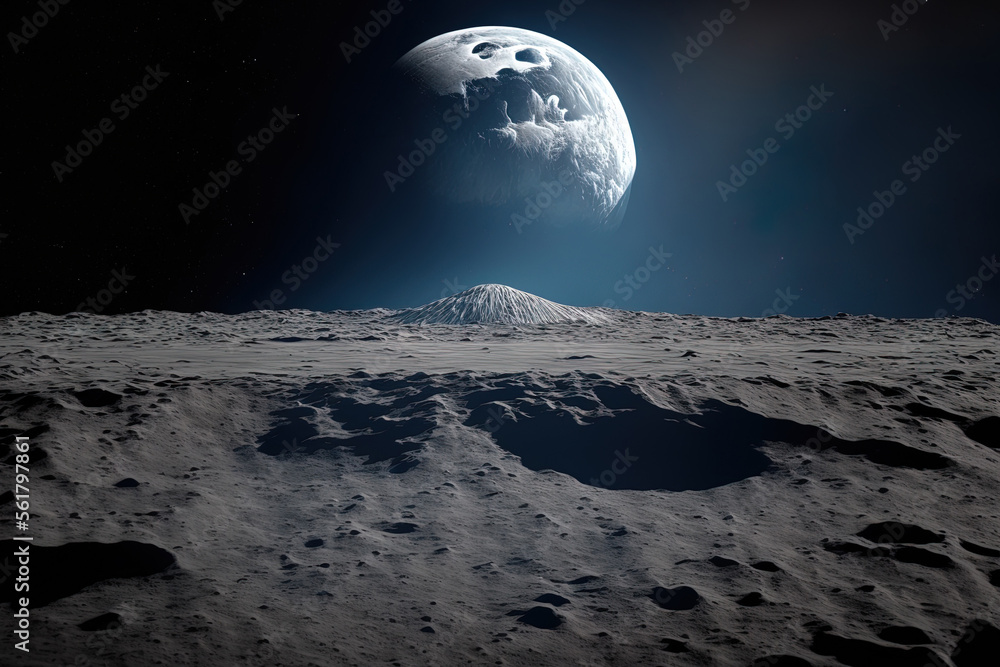 The Moon's surface. Earth in the distance. Our planet's satellite. This ...