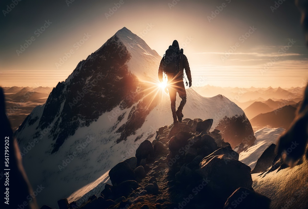 image of a man reaching the summit of a mountain, with the sun setting behind him, representing ...
