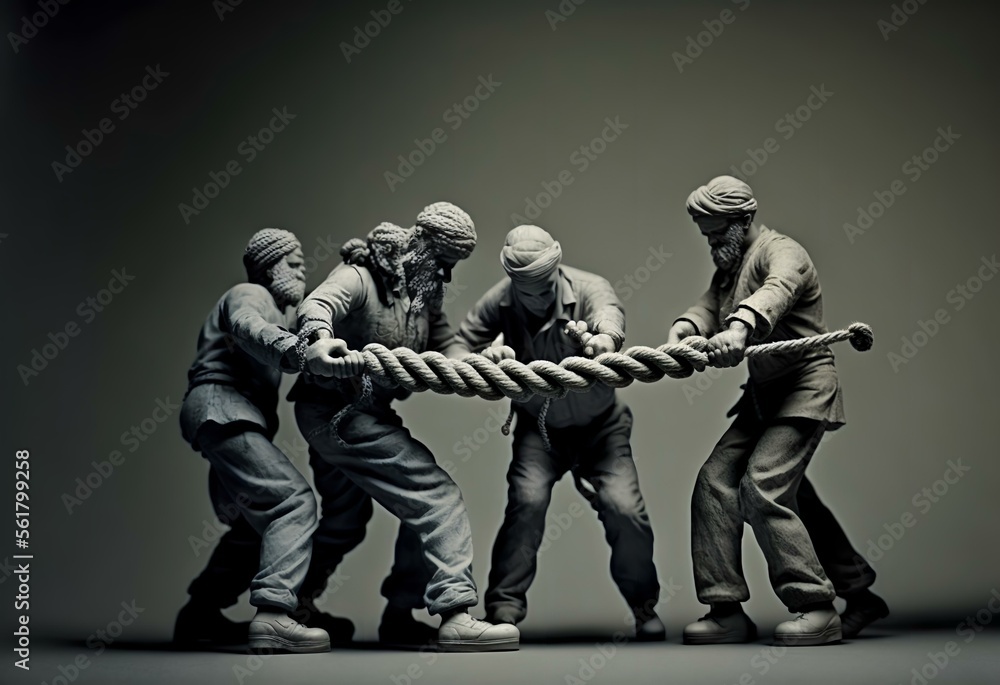 image of a team of people holding a rope and pulling together ...