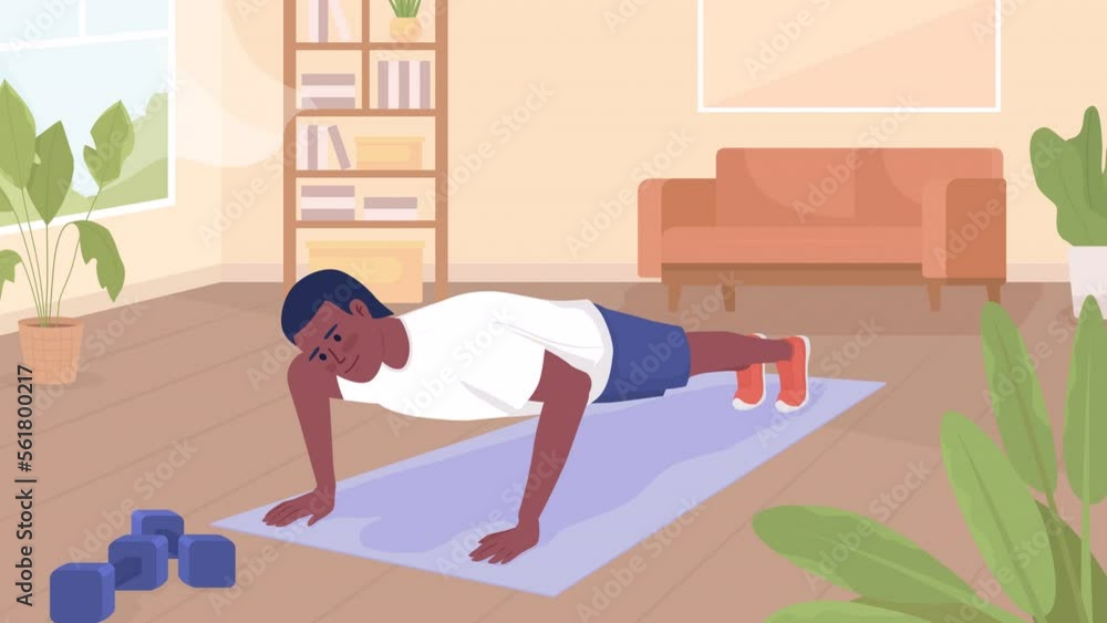 Animated home workout. Young man doing push ups. Building muscles ...