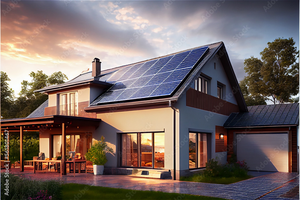 House with solar panels on the roof, ideal for sustainable energies ...
