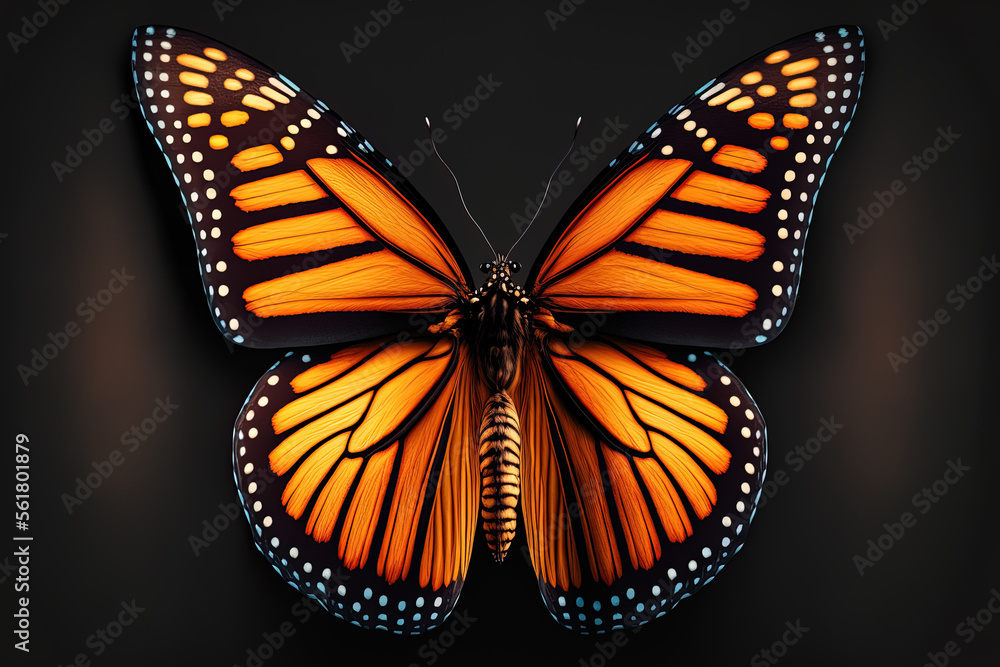 Monarch Butterfly with open wings in a top view as a flying migratory ...