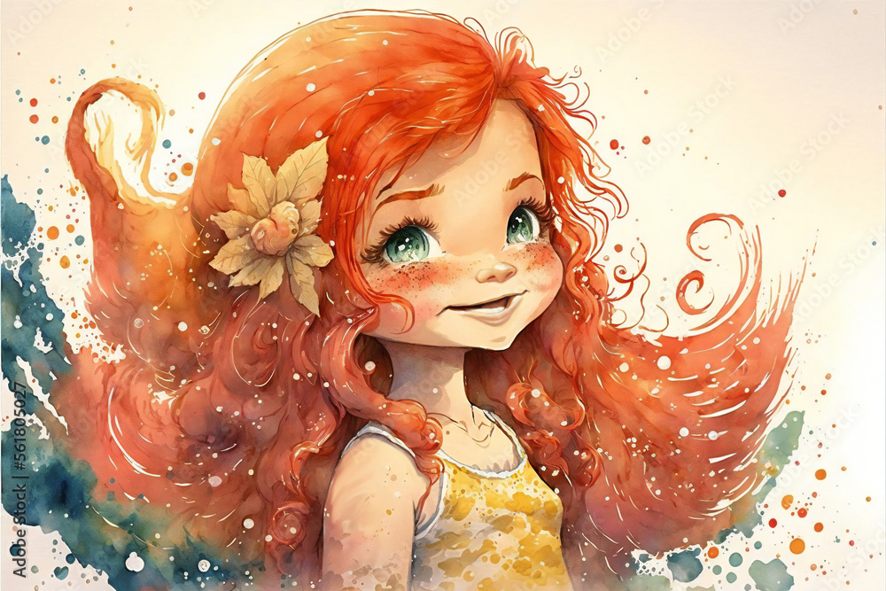 Adorable cartoon redhead girl child with long puffy hair in a hand ...