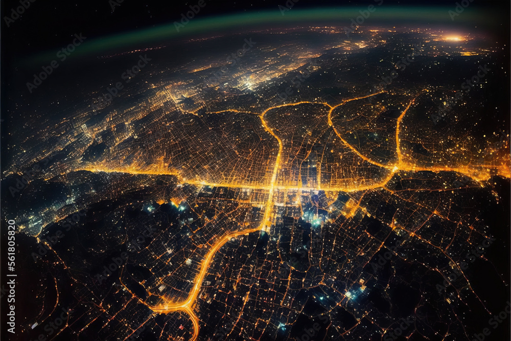 An aerial view of a city at night. City lights from space with ...