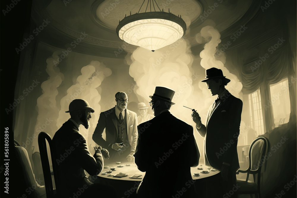 Crime syndicate in a smoky room. Silhouettes of gangster mob in an ...