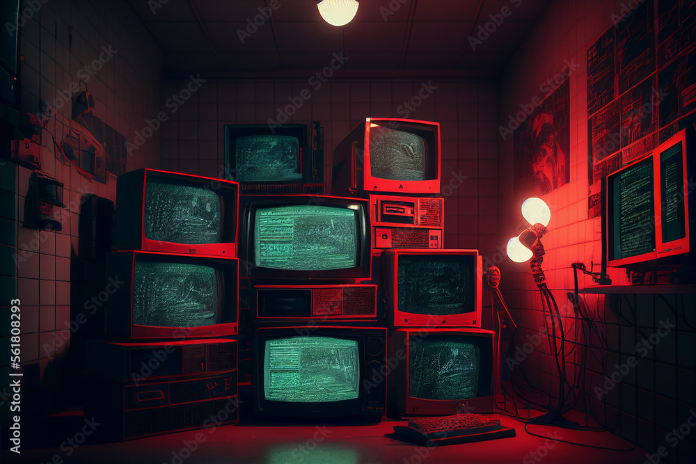 A lot of retro televisions in dark room. TV addiction, propaganda and ...